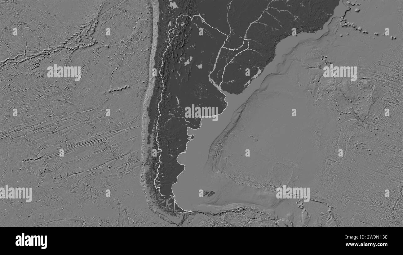 Argentina outlined on a Bilevel elevation map with lakes and rivers ...
