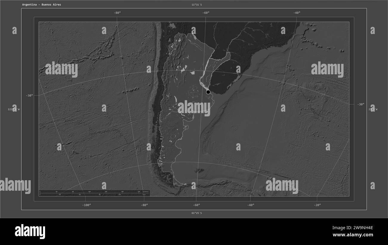 Argentina highlighted on a Bilevel elevation map with lakes and rivers ...