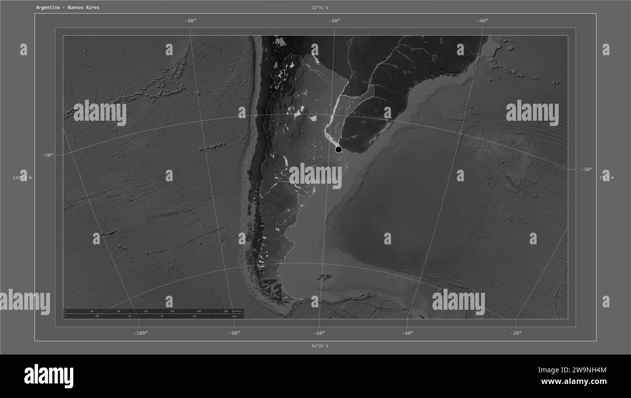 Argentina highlighted on a Grayscale elevation map with lakes and ...