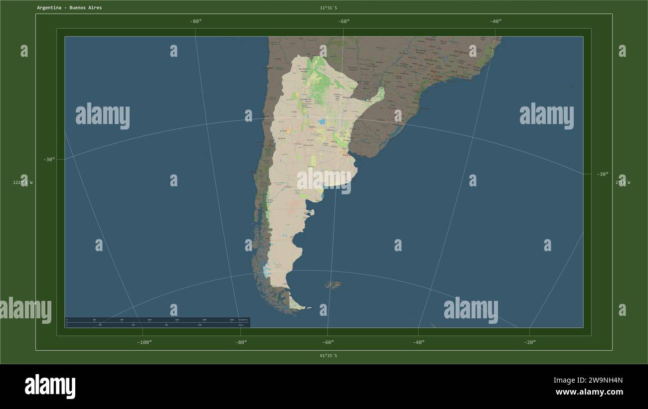 Argentina highlighted on a topographic, OSM Germany style map map with ...