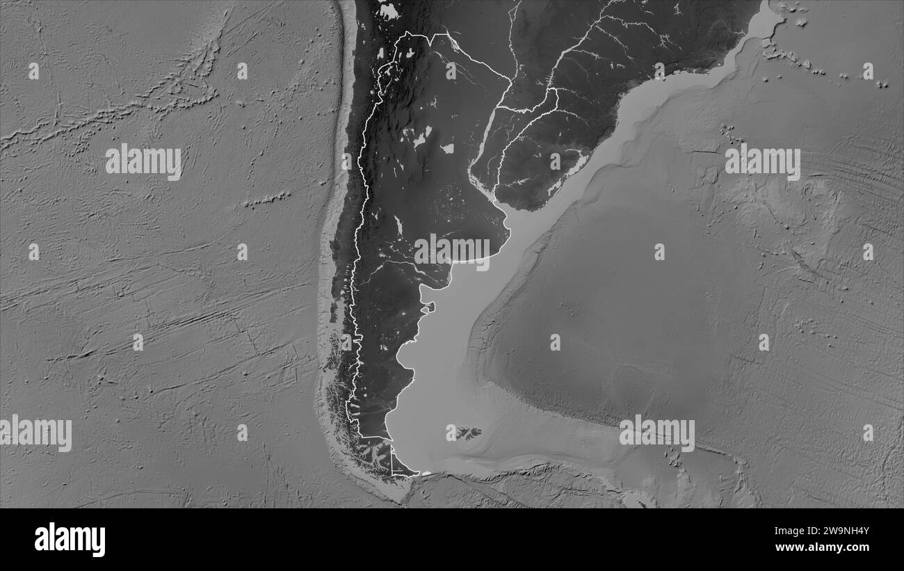 Argentina outlined on a Grayscale elevation map with lakes and rivers ...