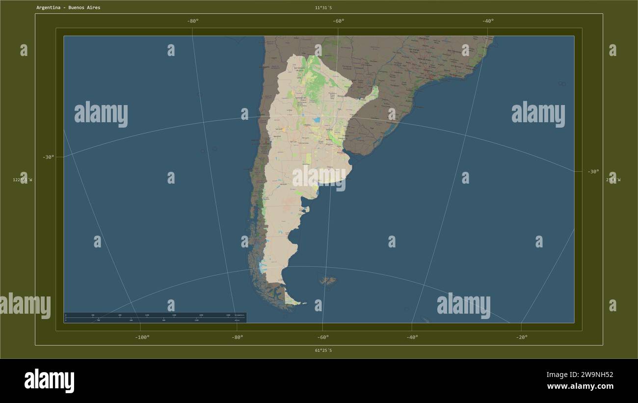 Argentina highlighted on a topographic, OSM standard style map map with ...