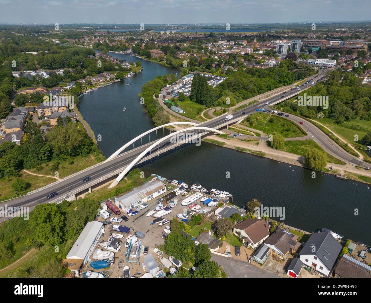 Aerial view of the River Thames at Walton Bridge, Shepperton, Walton-on ...