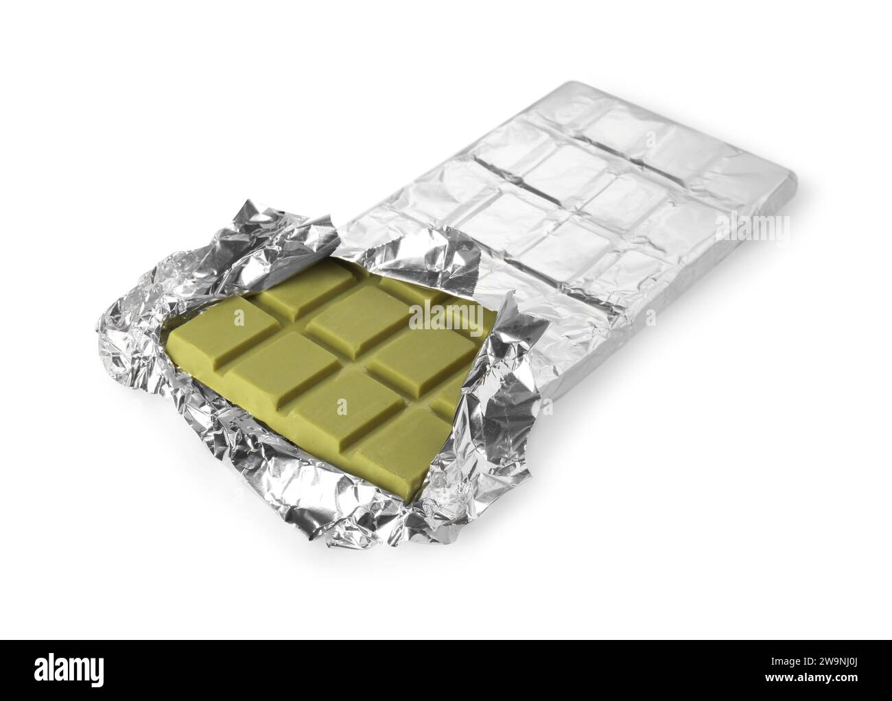 Tasty matcha chocolate bar wrapped in foil isolated on white Stock ...