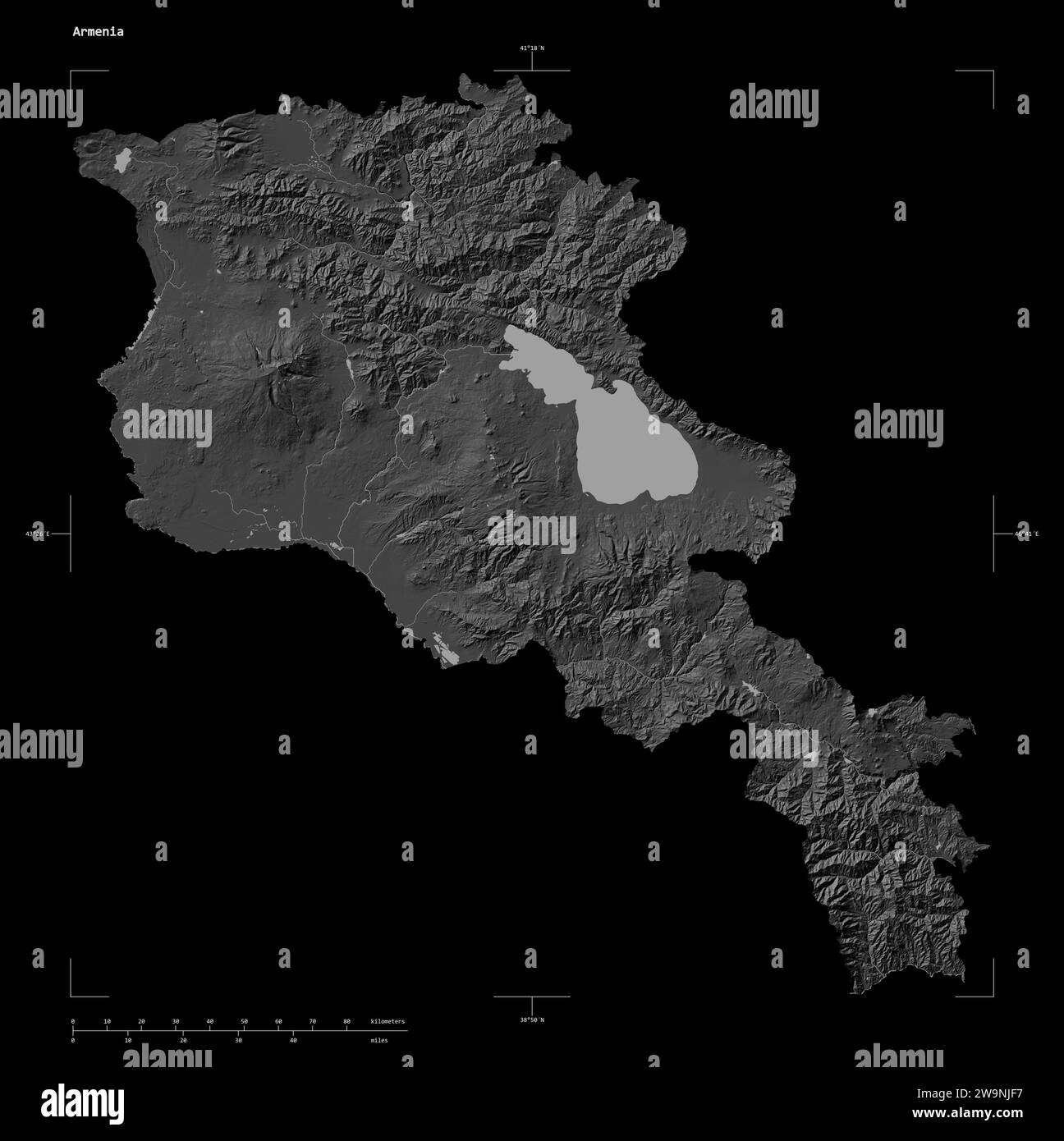 Shape of a Bilevel elevation map with lakes and rivers of the Armenia, with distance scale and ...