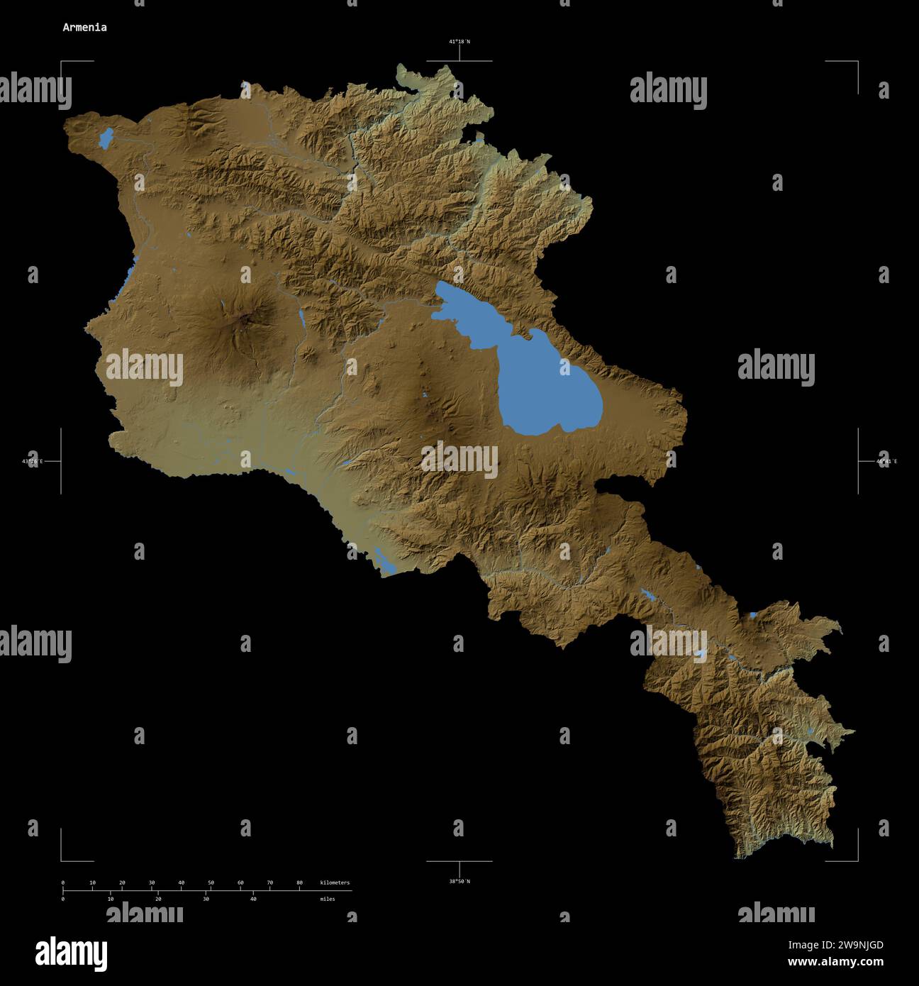 Shape of a Colored elevation map with lakes and rivers of the Armenia, with distance scale and ...