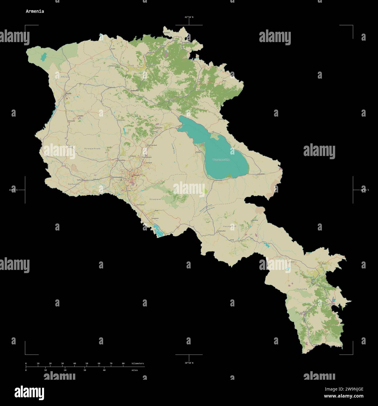 Shape of a topographic, OSM Humanitarian style map of the Armenia, with ...