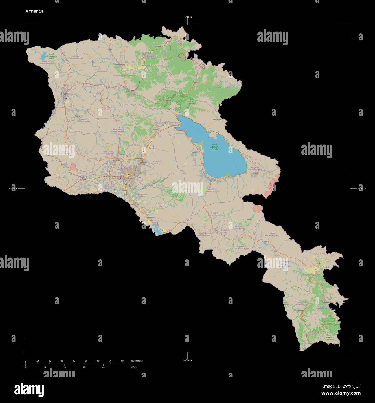 Shape of a topographic, OSM standard style map of the Armenia, with distance scale and map ...