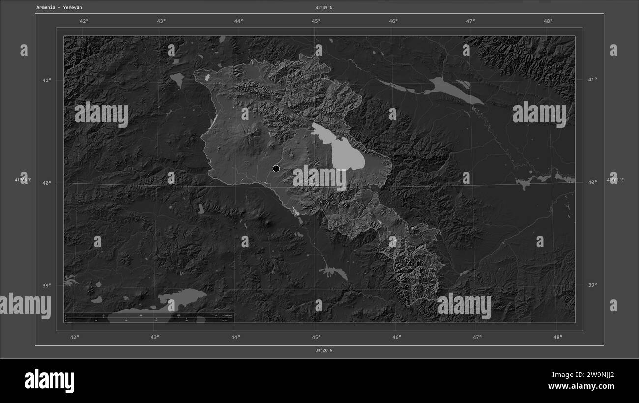 Armenia highlighted on a Bilevel elevation map with lakes and rivers map with the country's ...