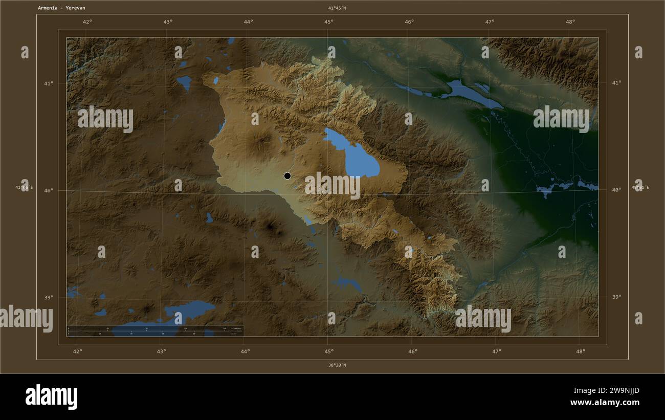 Armenia highlighted on a Colored elevation map with lakes and rivers ...