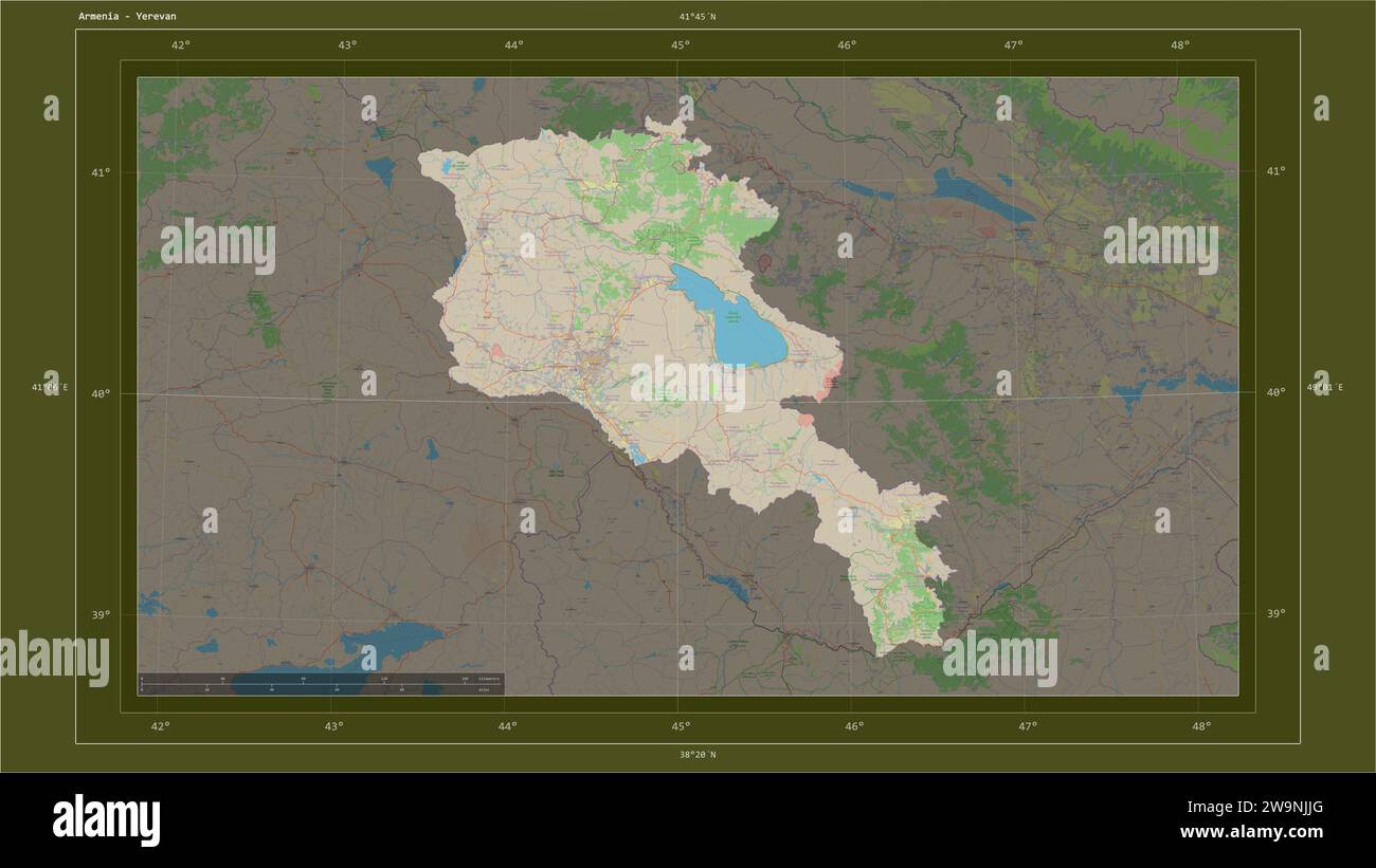 Armenia highlighted on a topographic, OSM standard style map map with the country's capital ...