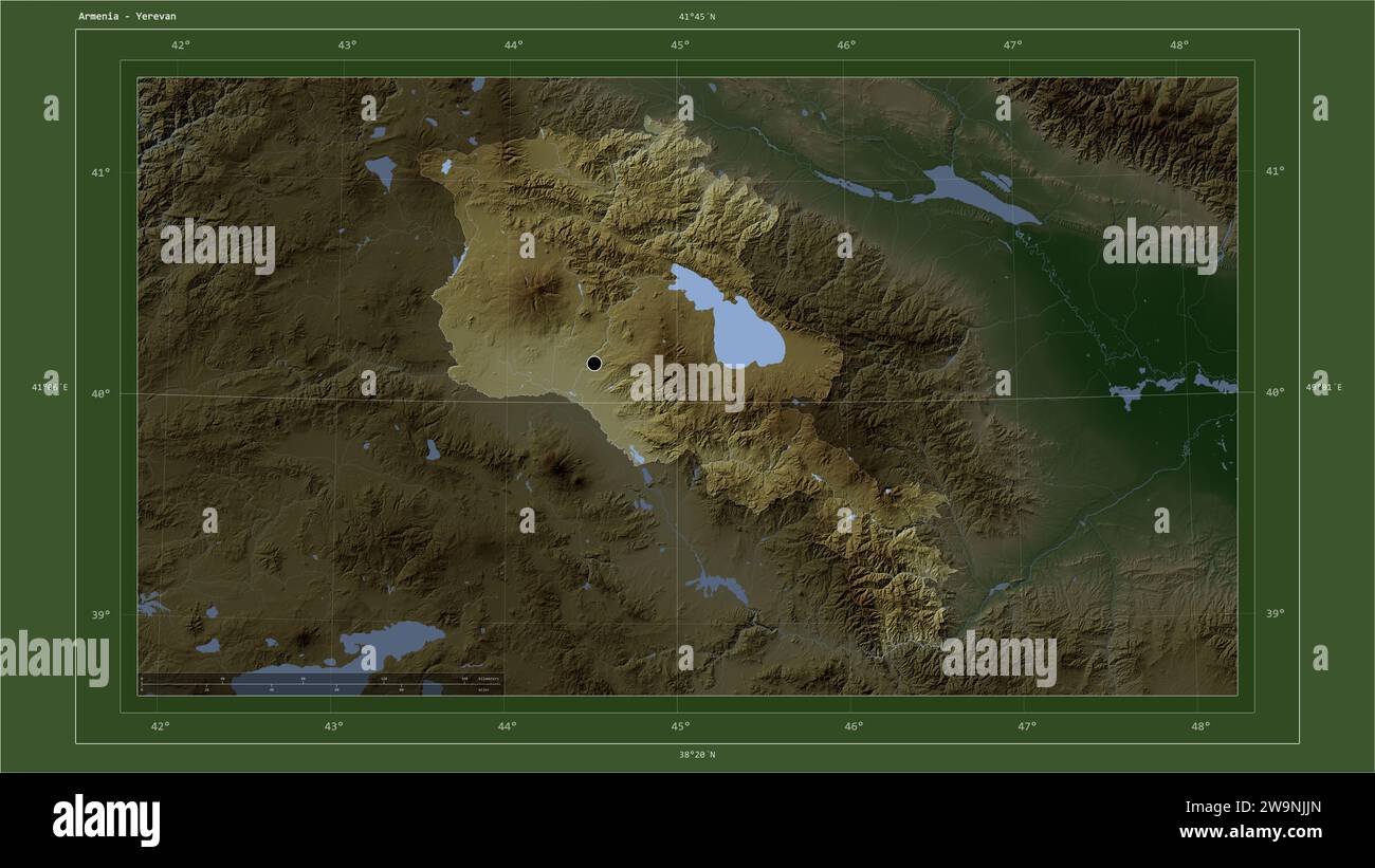 Armenia highlighted on a Pale colored elevation map with lakes and rivers map with the country's ...
