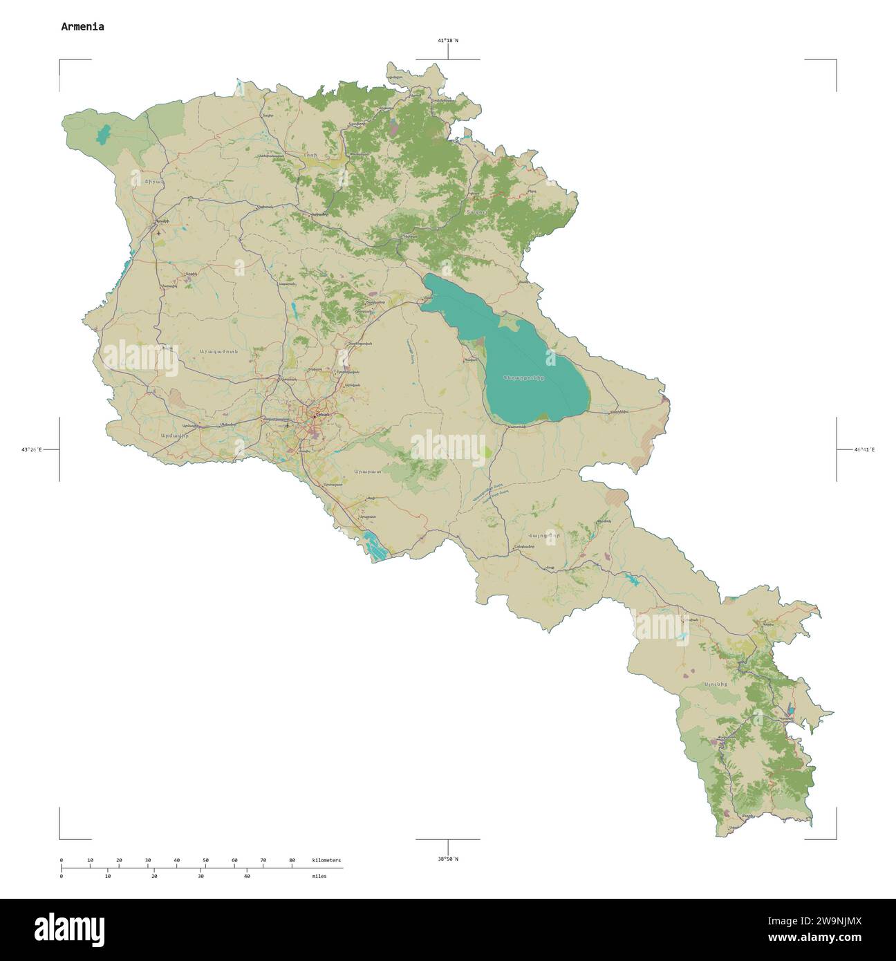 Shape of a topographic, OSM Humanitarian style map of the Armenia, with ...