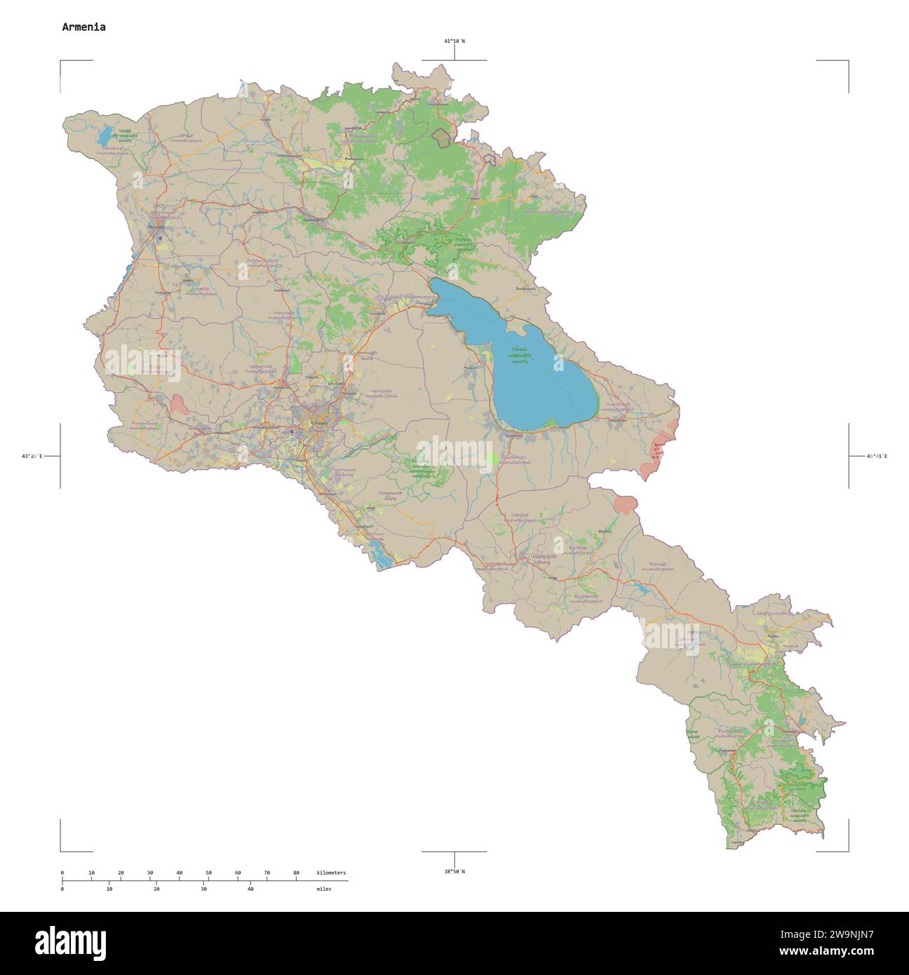 Shape of a topographic, OSM standard style map of the Armenia, with distance scale and map ...