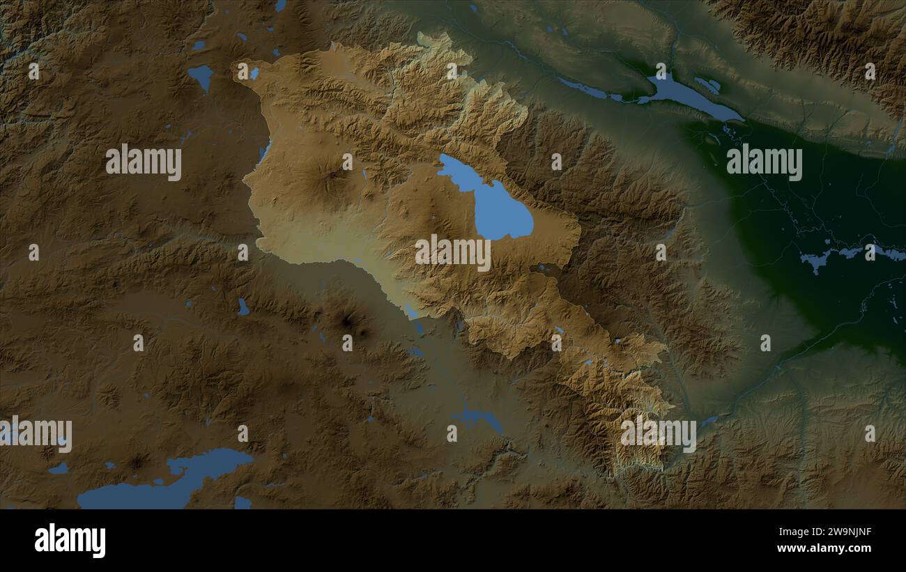 Armenia highlighted on a Colored elevation map with lakes and rivers ...