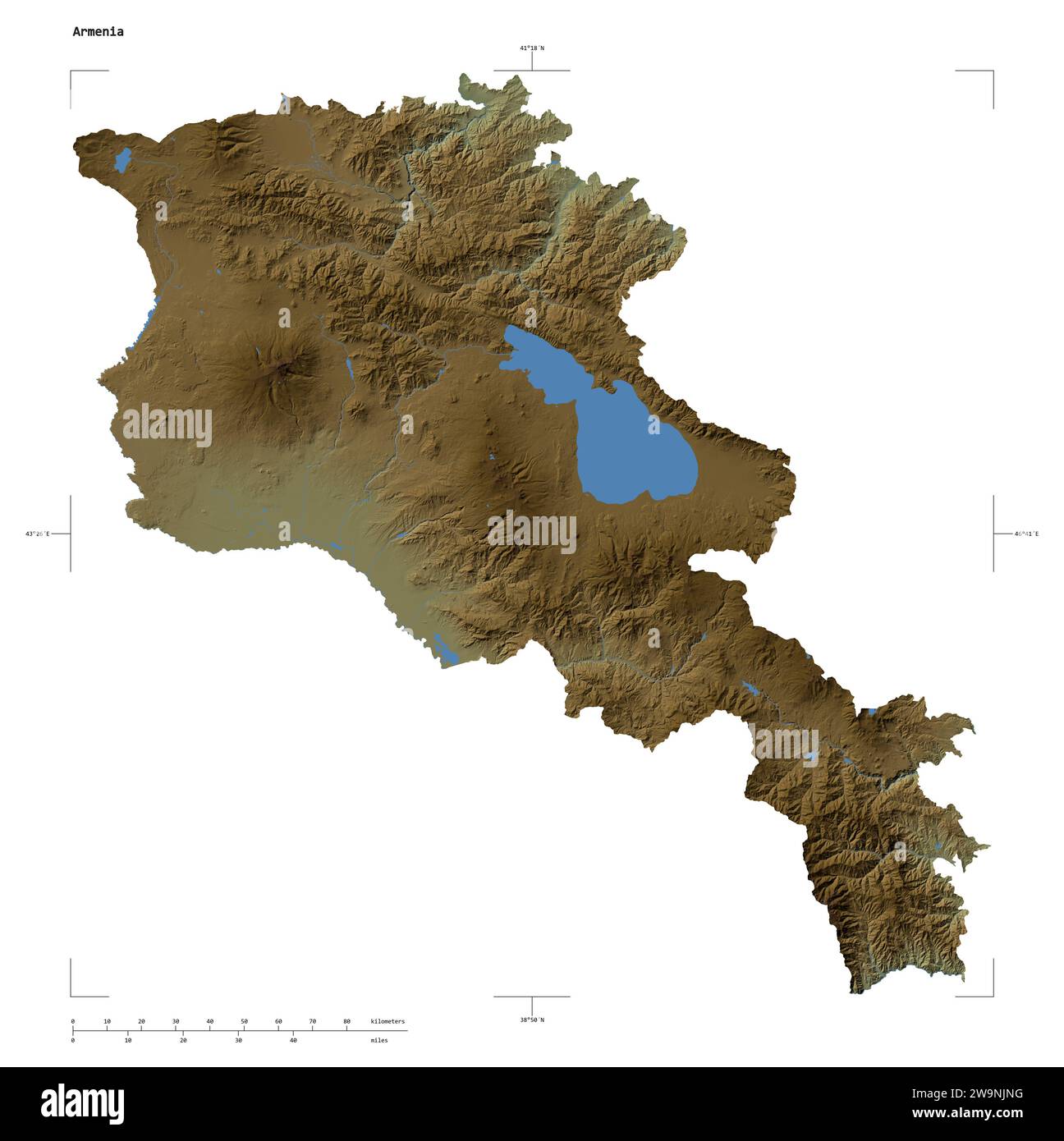 Shape of a Colored elevation map with lakes and rivers of the Armenia, with distance scale and ...