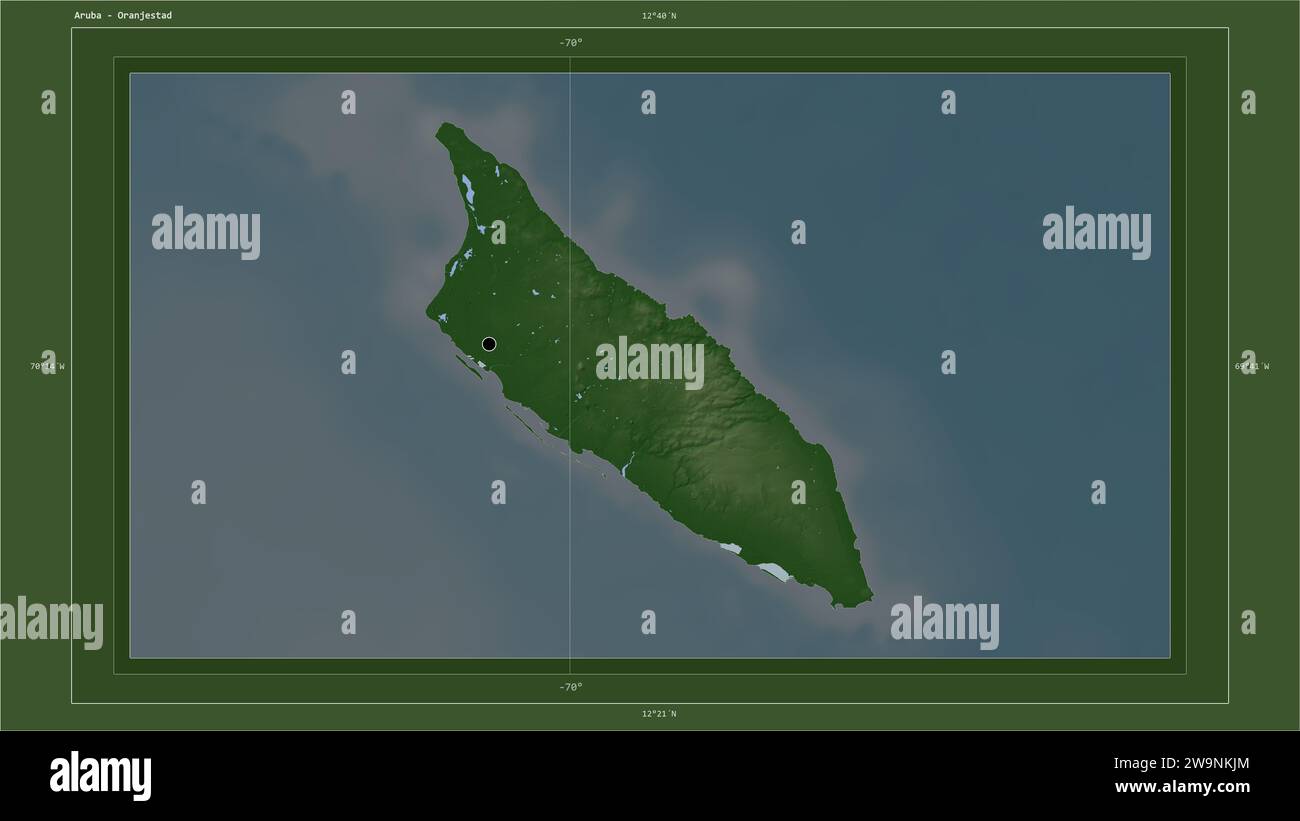 Aruba highlighted on a Pale colored elevation map with lakes and rivers ...