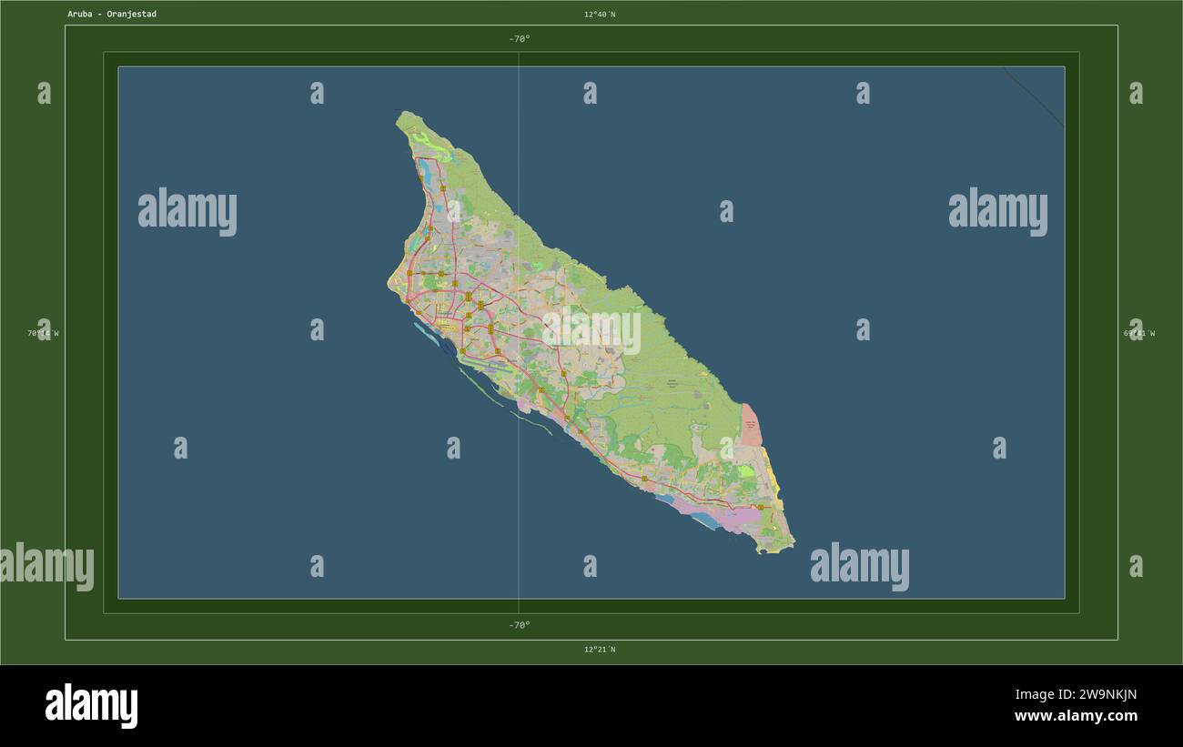 Aruba highlighted on a topographic, OSM Germany style map map with the country's capital point ...