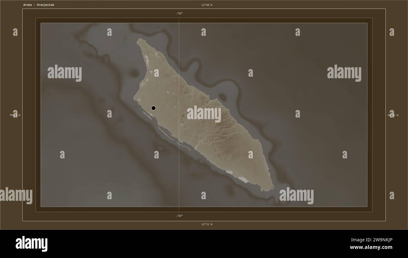 Aruba highlighted on a elevation map colored in sepia tones with lakes ...