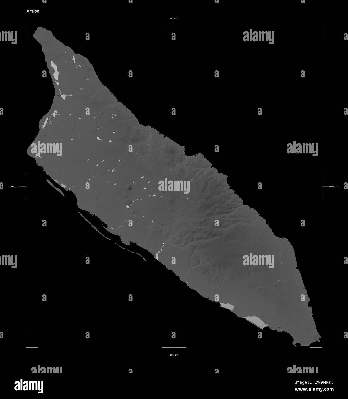 Shape of a Grayscale elevation map with lakes and rivers of the Aruba, with distance scale and ...