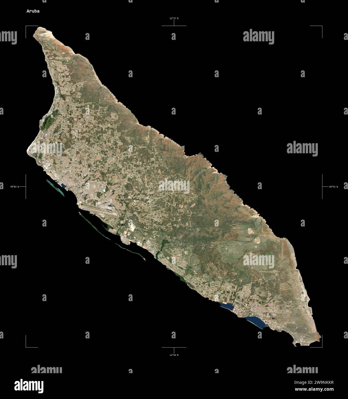 Shape of a low resolution satellite map of the Aruba, with distance ...