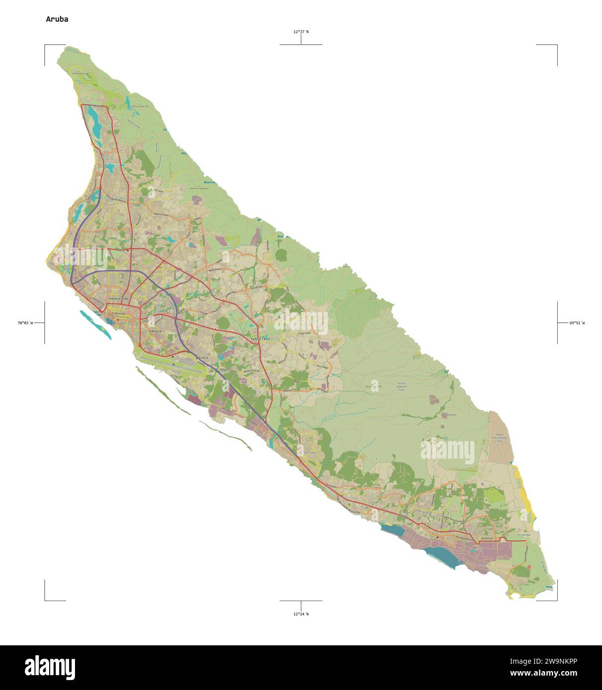 Shape of a topographic, OSM Humanitarian style map of the Aruba, with ...