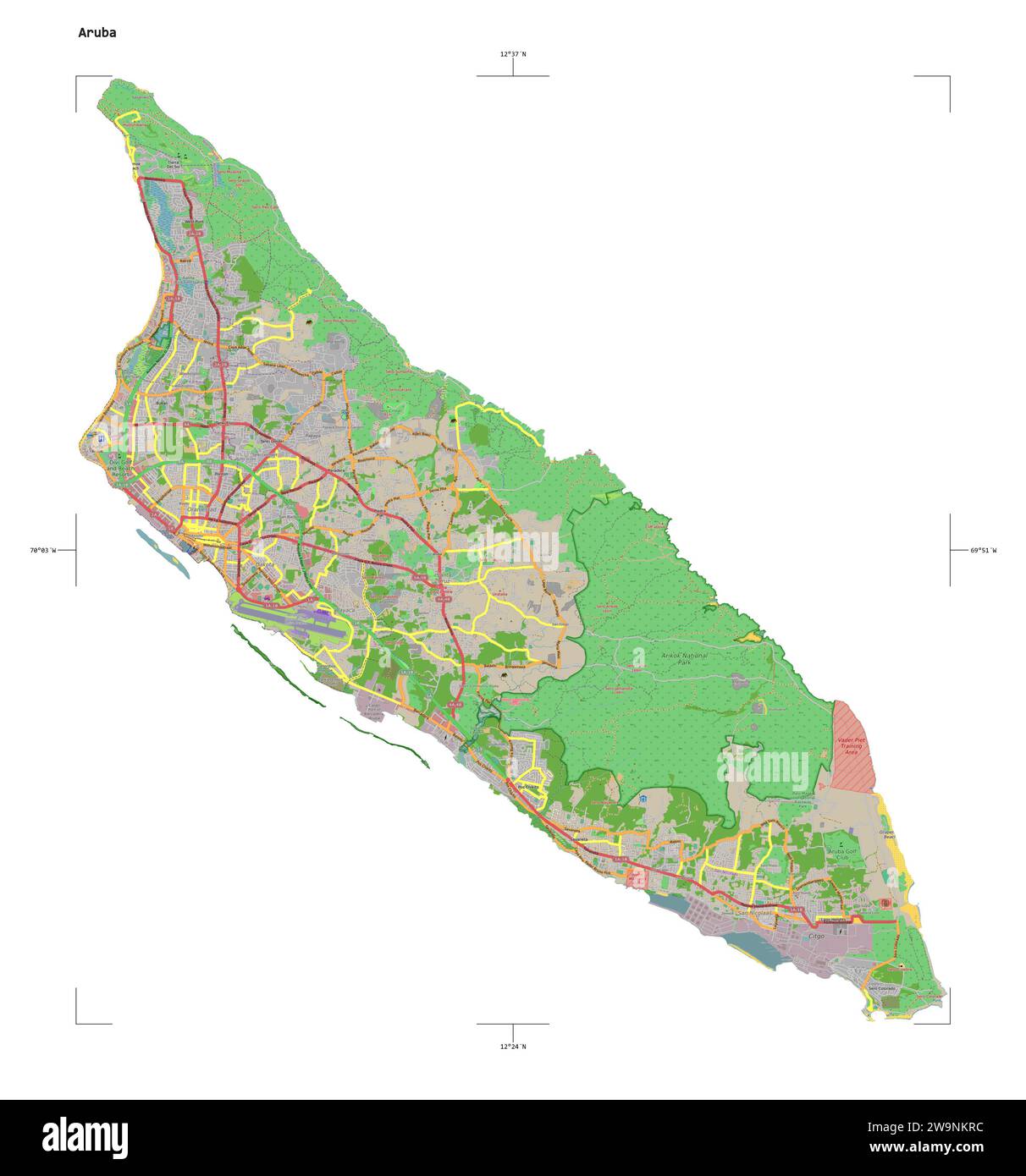 Shape of a topographic, OSM France style map of the Aruba, with ...