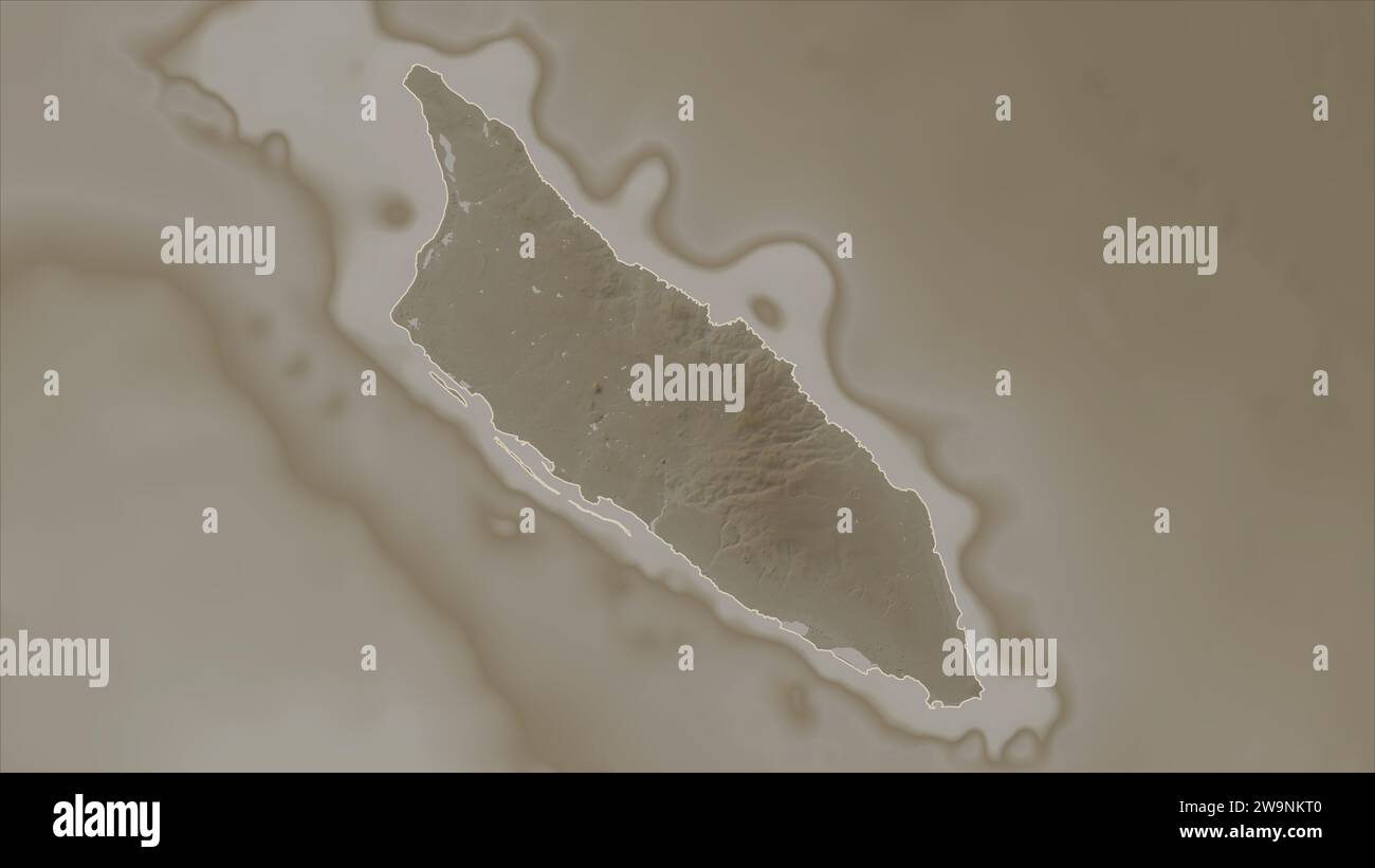 Aruba outlined on a elevation map colored in sepia tones with lakes and ...