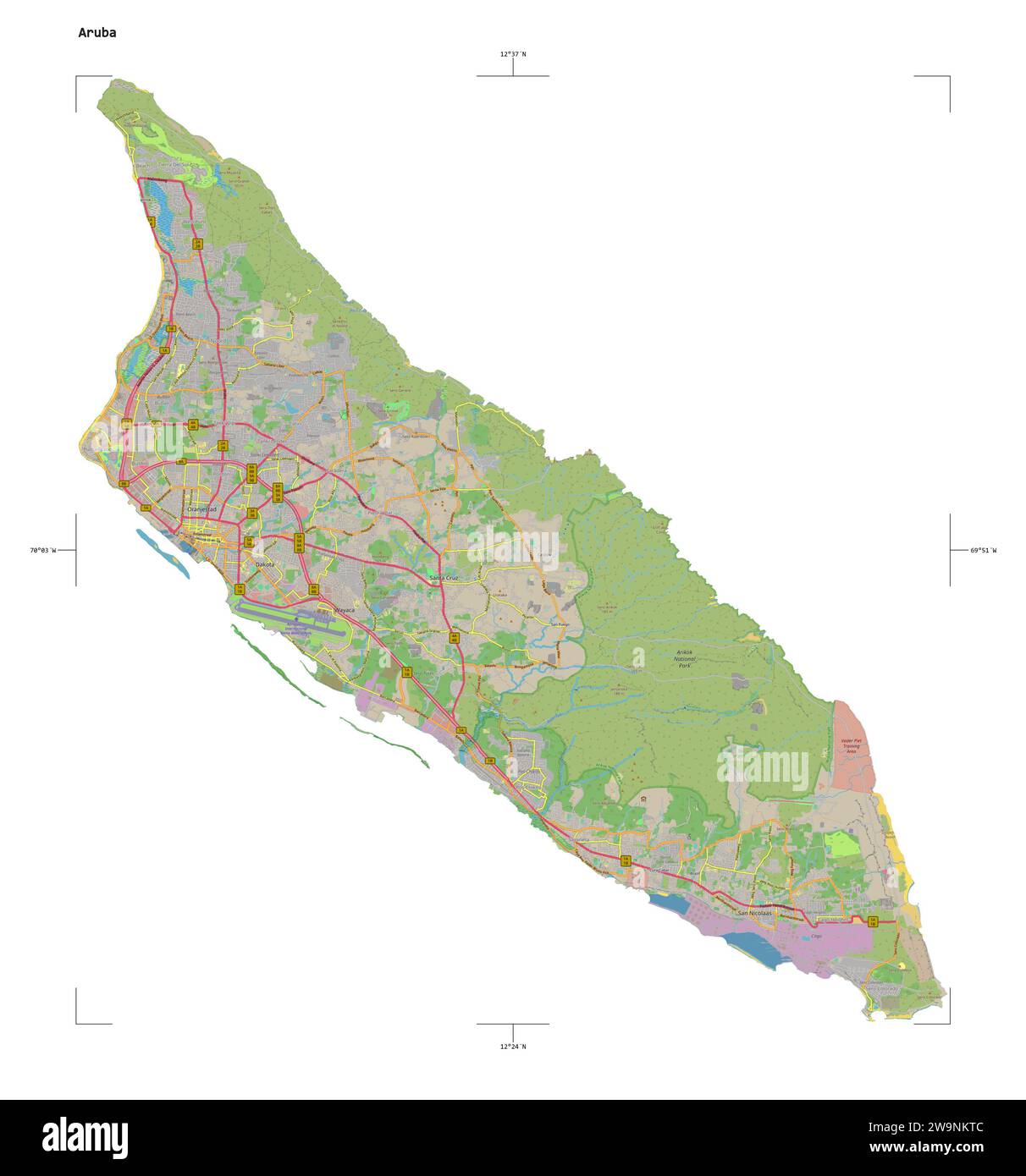 Shape of a topographic, OSM Germany style map of the Aruba, with distance scale and map border ...