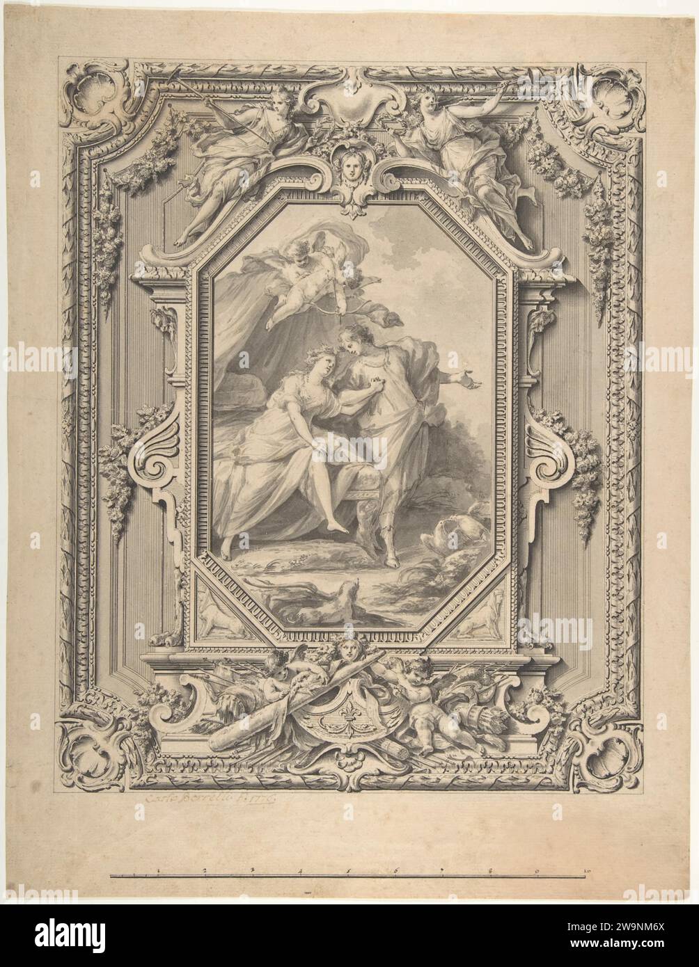 Design for a Sculptured Frame with Garlands and Statues and a Painting ...