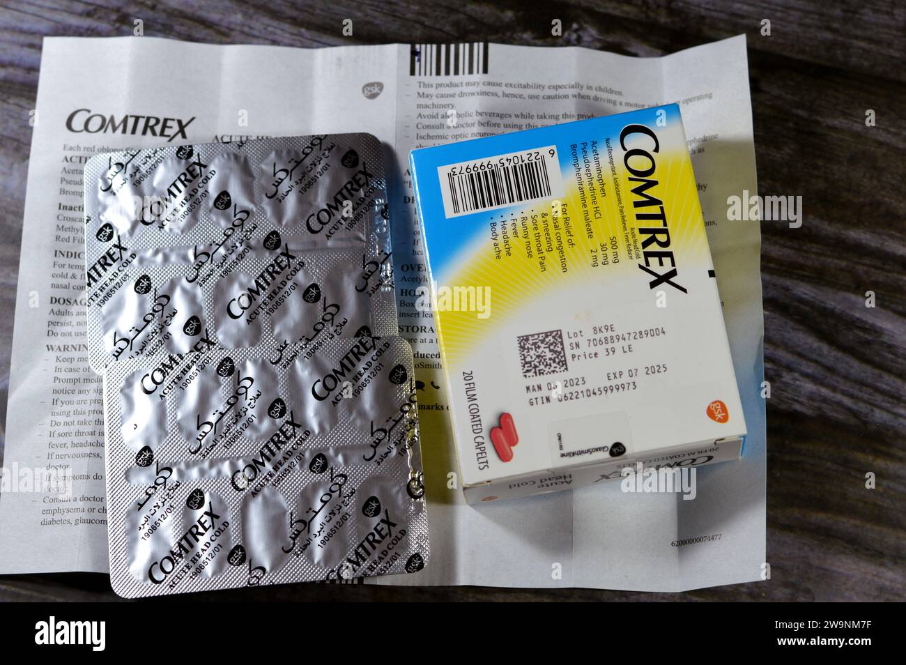 Cairo, Egypt, December 15 2023: Comtrex film coated capelts, acetaminophen, pseudoephedrine HCL ...