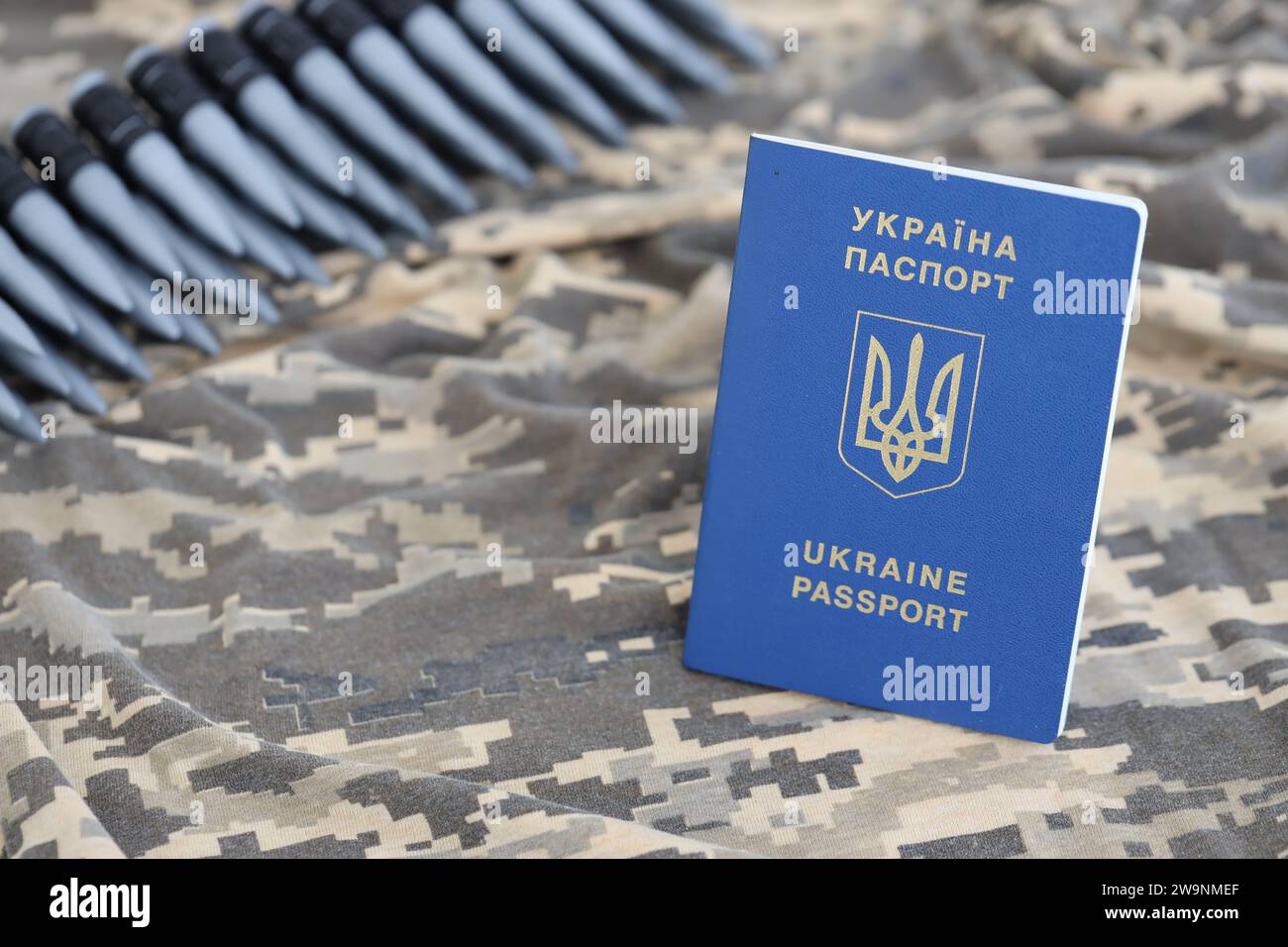Ukrainian foreign passport on fabric with texture of military pixeled ...