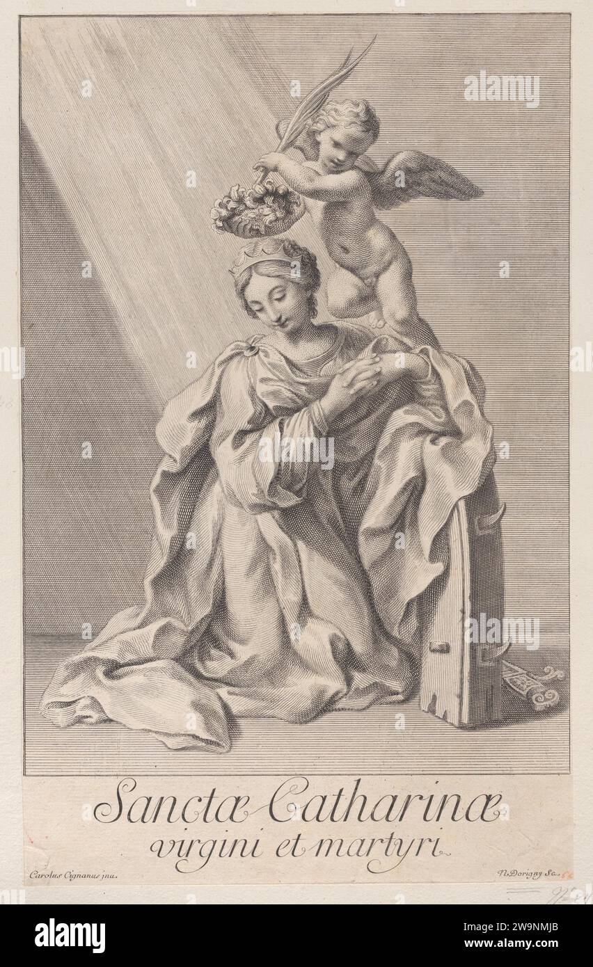 Saint Catherine of Alexandria, kneeling with her elbow resting on the ...