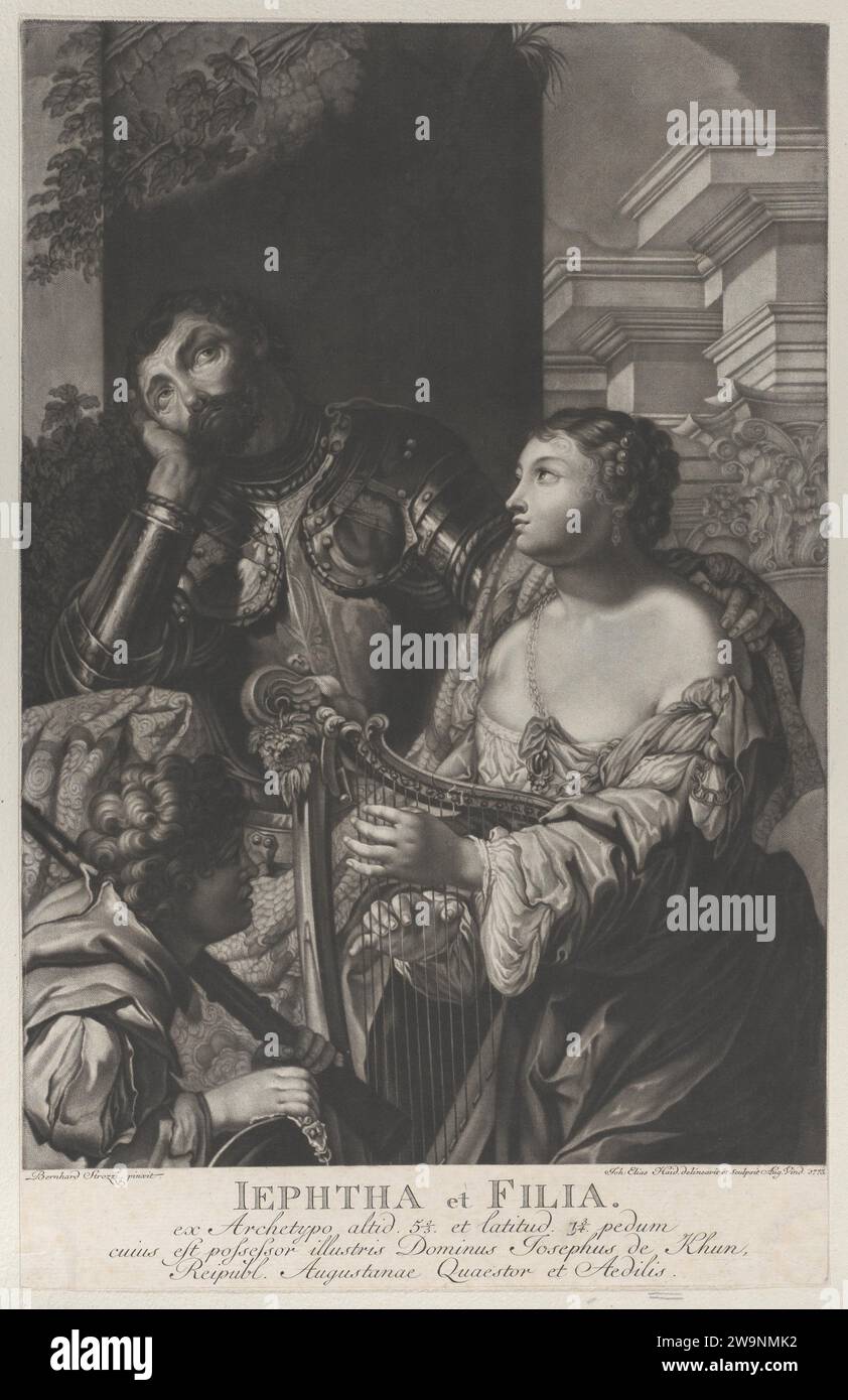 Jephtha dressed in armor looking up in despair, and his daughter holds a harp at right 1962 by ...