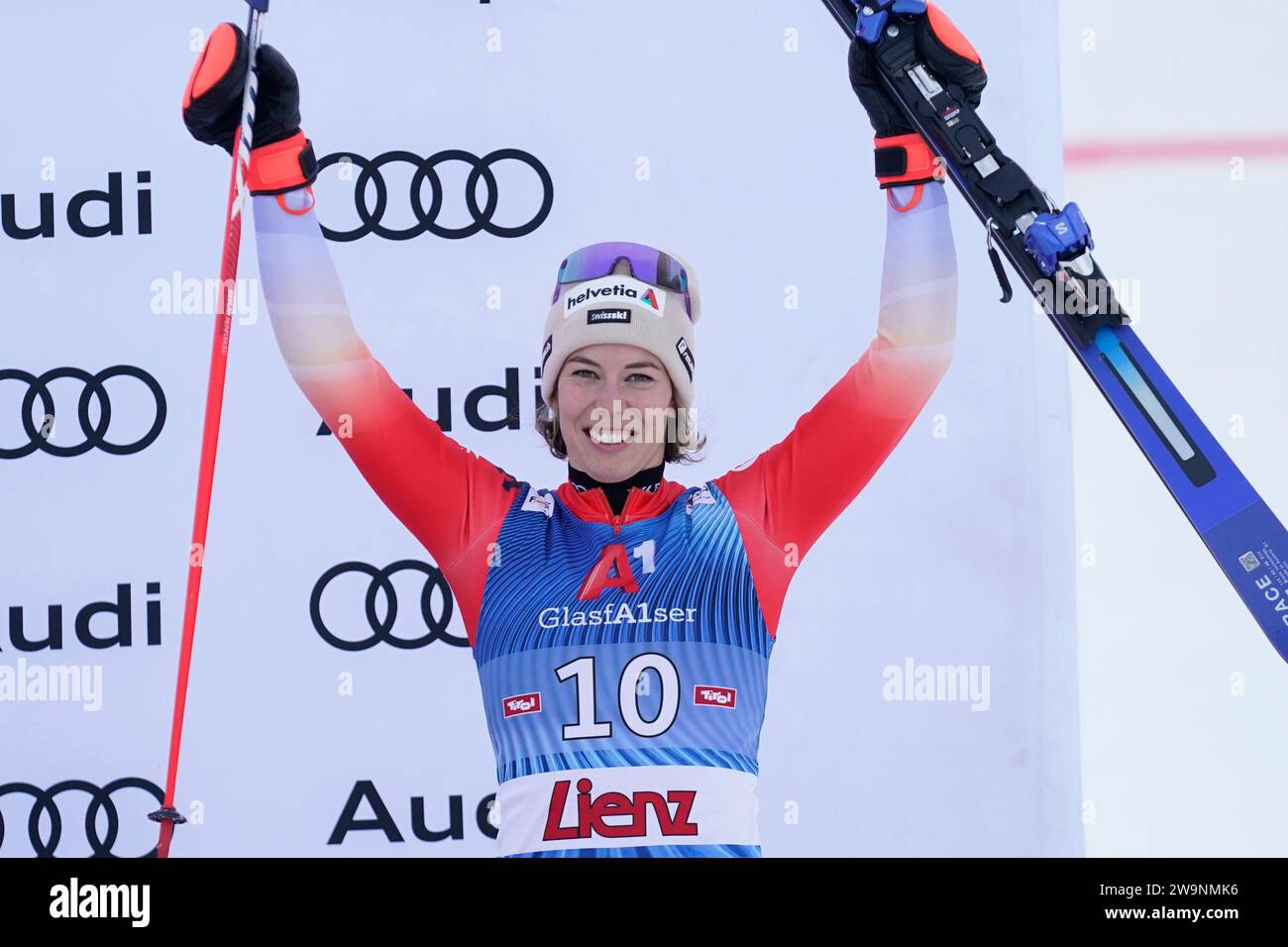 Third placed Switzerland's Michelle Gisin celebrates after an alpine ...