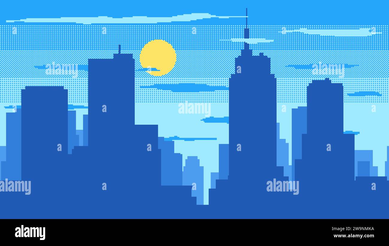Day time cityscape pixel background. High buildings silhouette with sun ...