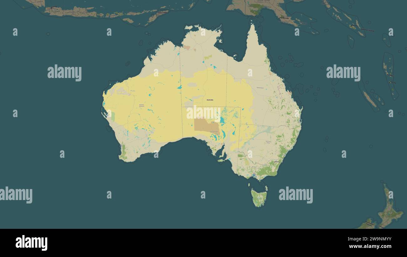 Australia highlighted on a topographic, OSM Humanitarian style map ...