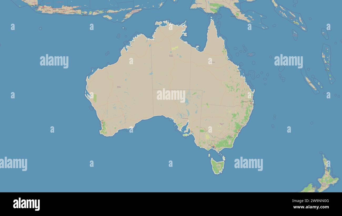 Australia outlined on a topographic, OSM standard style map Stock Photo ...