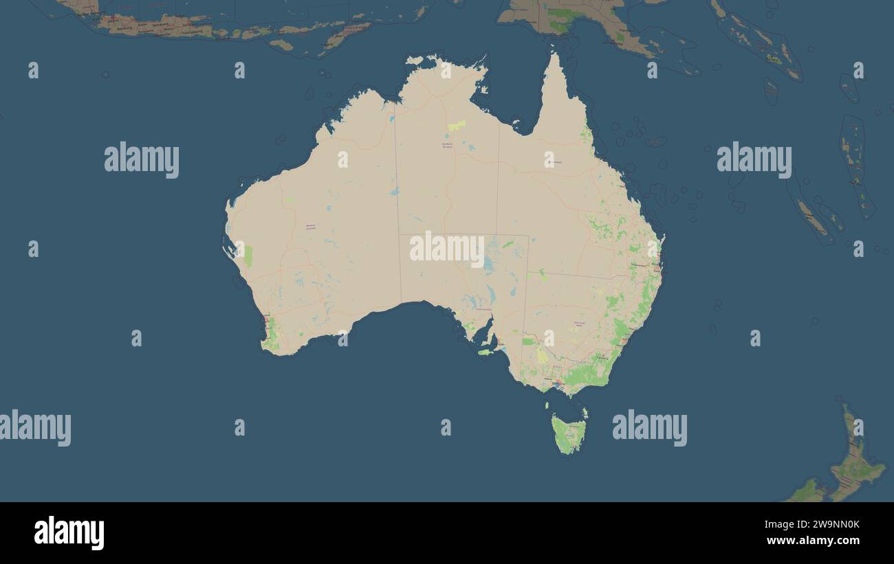 Australia highlighted on a topographic, OSM standard style map Stock ...