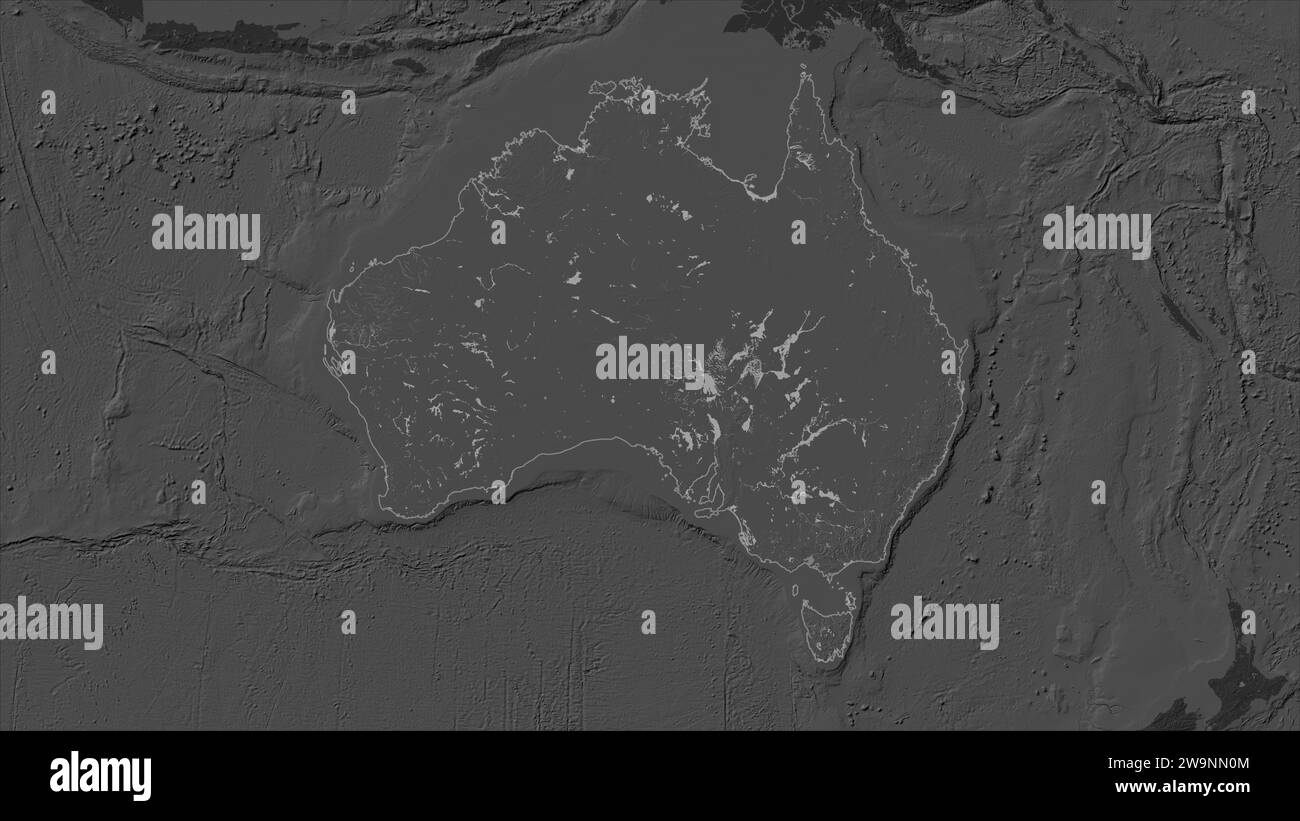 Australia highlighted on a Bilevel elevation map with lakes and rivers ...