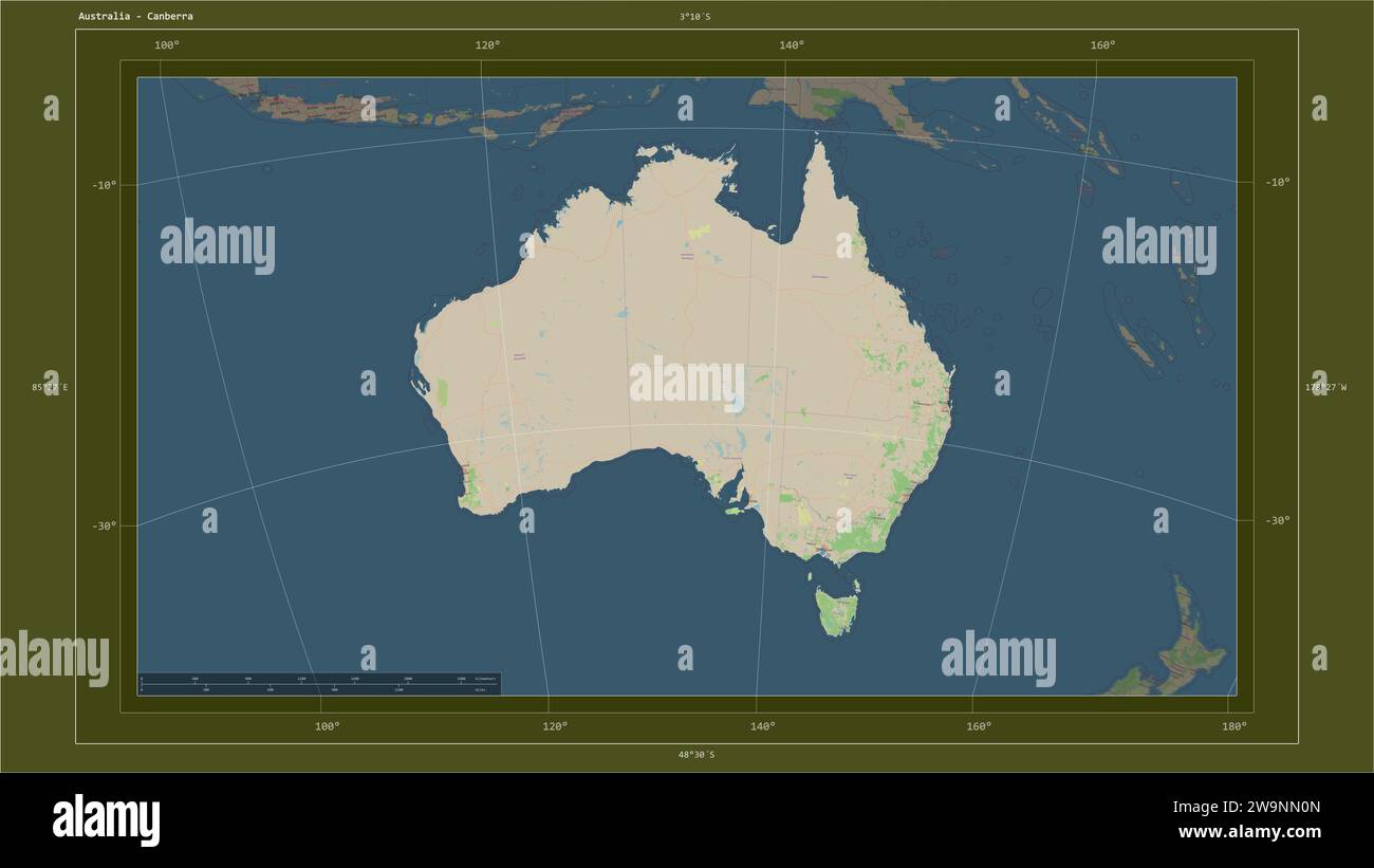 Australia highlighted on a topographic, OSM standard style map map with ...