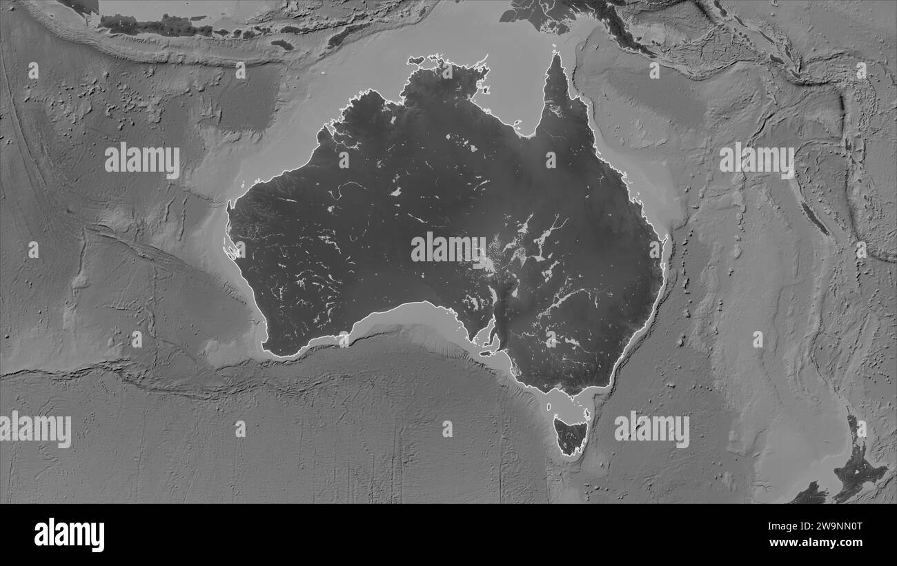 Australia outlined on a Grayscale elevation map with lakes and rivers ...