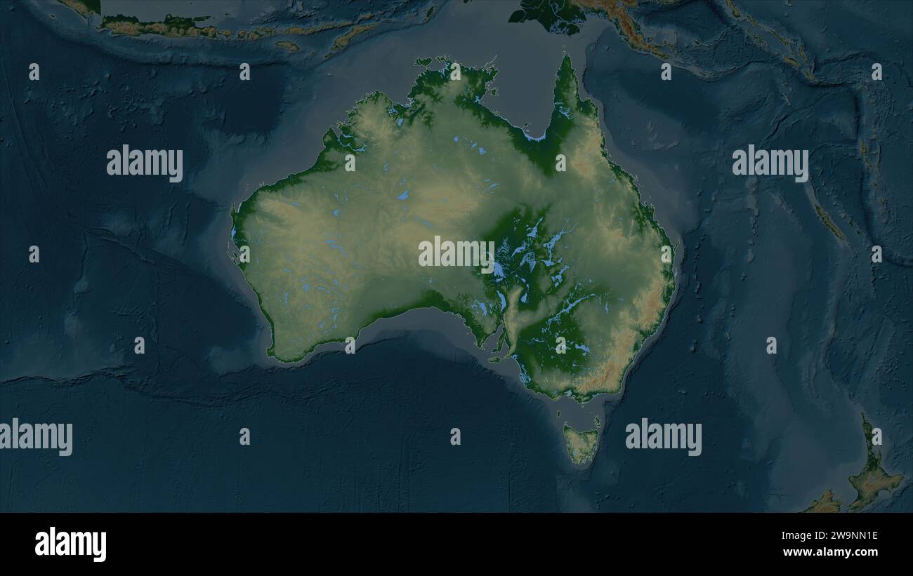Australia highlighted on a Colored elevation map with lakes and rivers ...