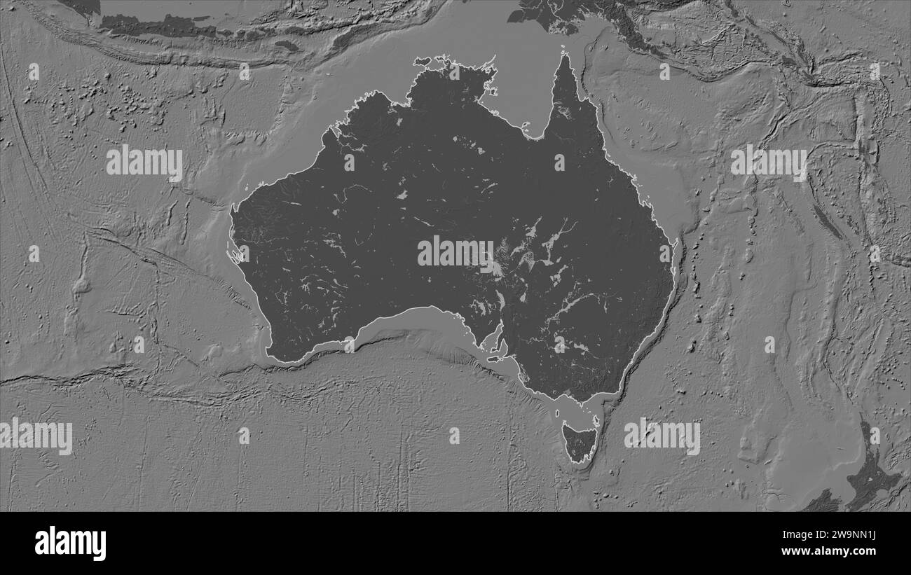 Australia outlined on a Bilevel elevation map with lakes and rivers ...