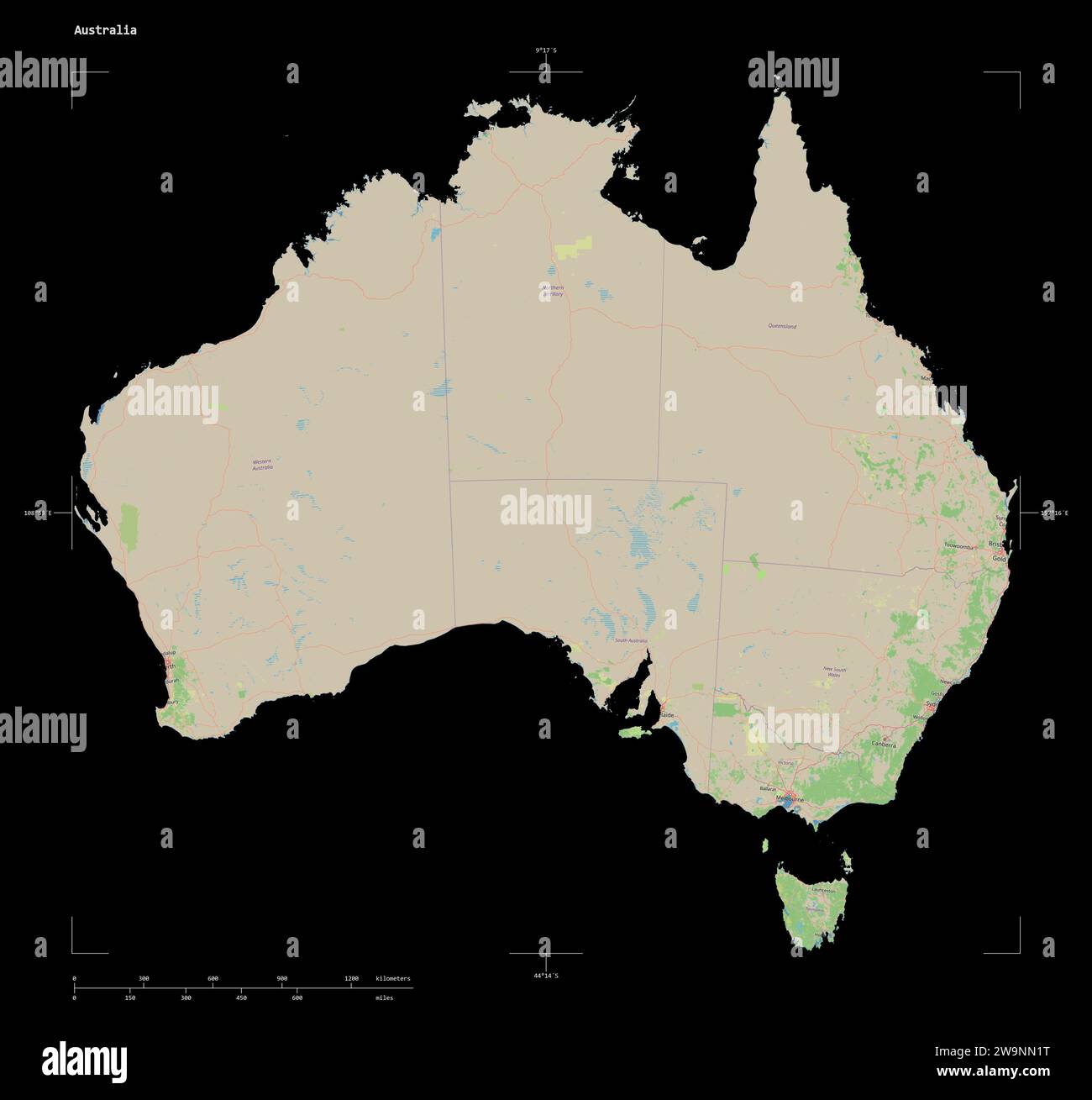 Shape of a topographic, OSM standard style map of the Australia, with ...