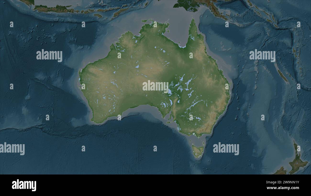 Australia highlighted on a Pale colored elevation map with lakes and ...