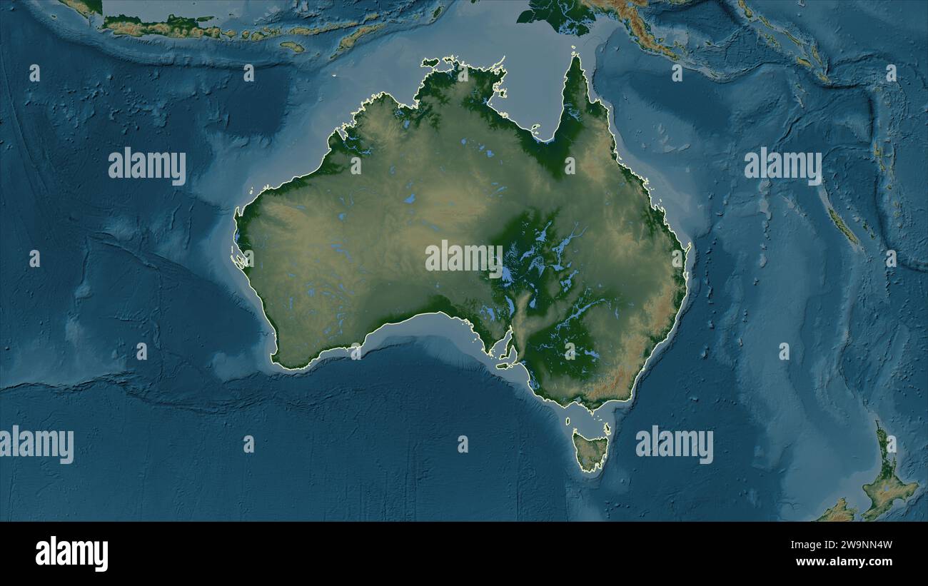 Australia outlined on a Colored elevation map with lakes and rivers ...