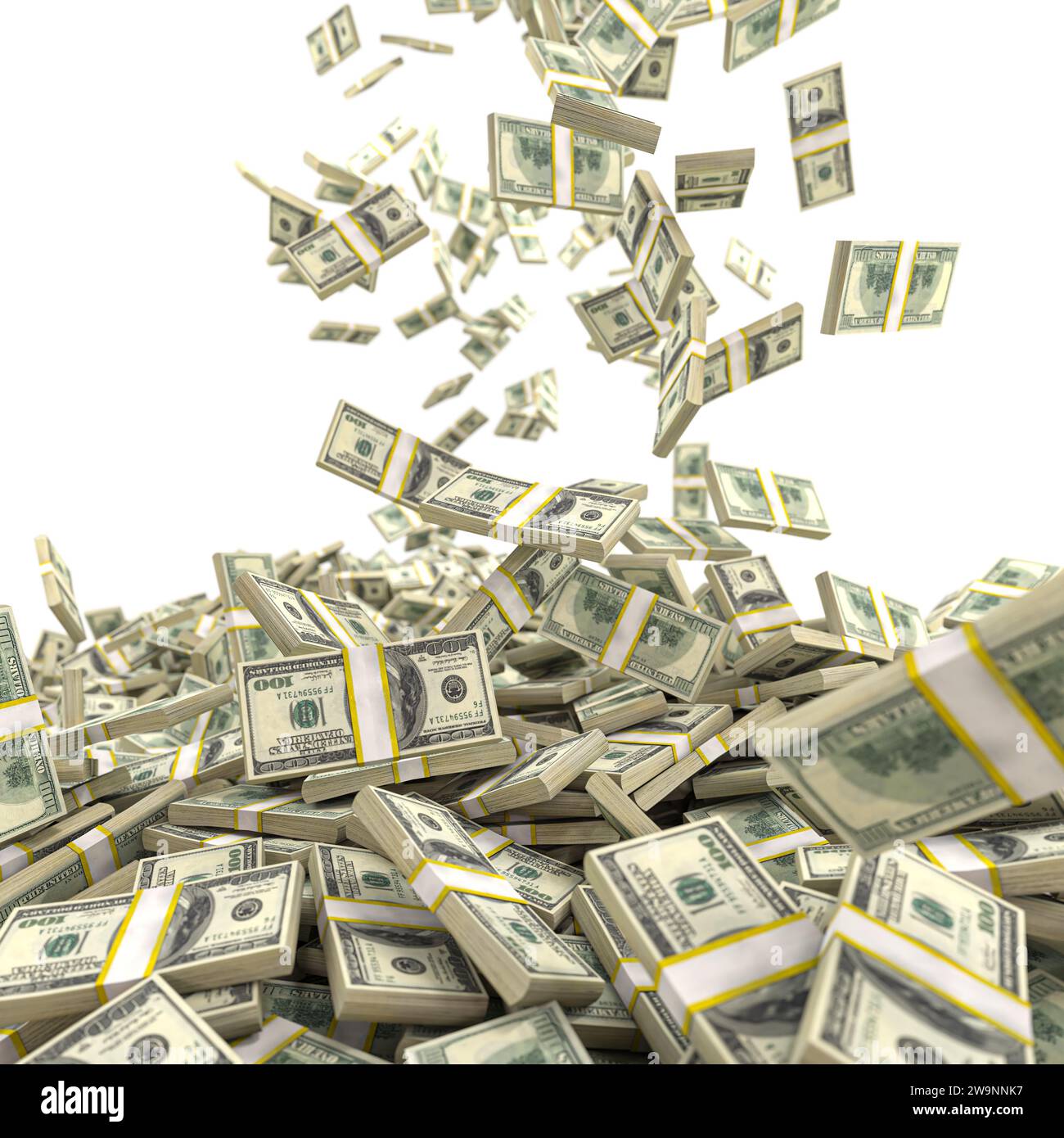 bundles of dollars fall and form a pile 3d render detail. isolated on ...