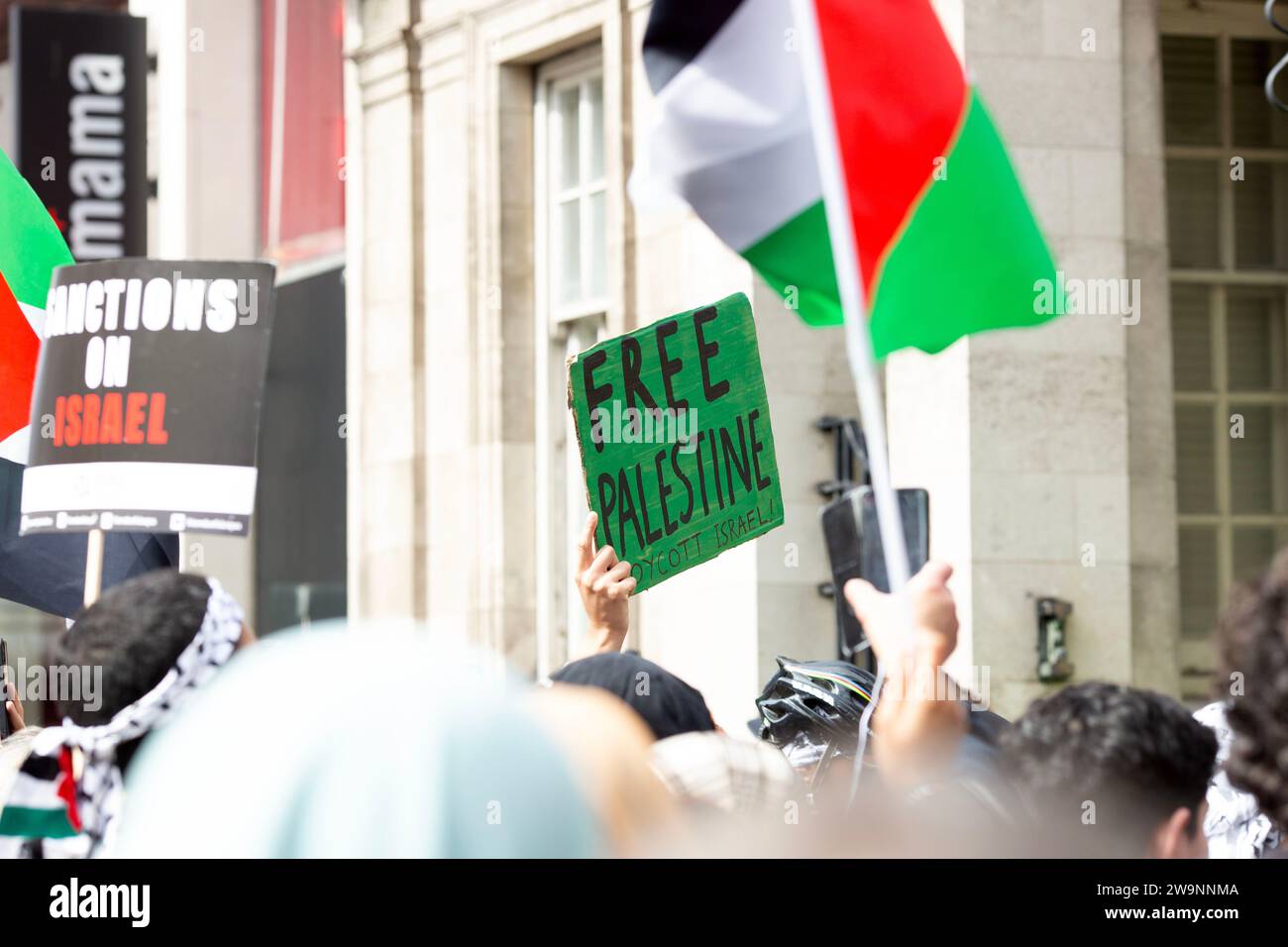 Pro-Palestinian protesters gather with flags and placards during a ...