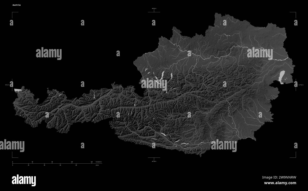 Shape of a Grayscale elevation map with lakes and rivers of the Austria, with distance scale and ...